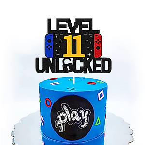 Level 11th Unlocked Sign Cake Topper Happy 11th Birthday Level Up Eleventh Cake Decorations for Video Game Controller Themed Kids Boy Girl Bday Party Supplies Double Sided