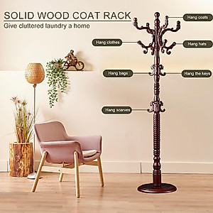 SerHirst Coat Rack Freestanding, Wooden Coat Tree Stand with 14 Hooks, Easy Assembly with Stable Disc Base for Bedroom, Hallway, Entrance Office for Hats, Coats, Scarves (Mahogany color)