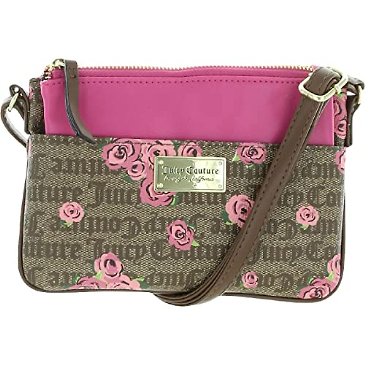 Juicy Couture Womens Pull Out Pouch Floral Print Crossbody Handbag Brown Small