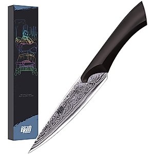 FINDKING 5 Inch Kitchen Utility Knife, Damascus Steel Paring Knife, Sharp Small Fruit Knife for Home Kitchen (Cheetah Series, w/Ebony Wood Handle)