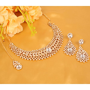 NEW! Touchstone Indian Bollywood Charming Workmanship Handcrafted Scintillating Faux Rhinestones Rivoli Shape Designer Jewelry Grand Bridal Hasli Necklace Set In Gold Tone For women.