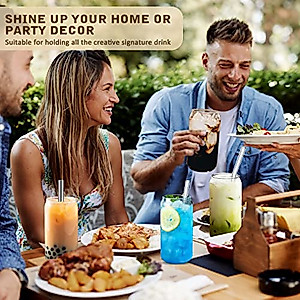 FEIMADA Drinking Glasses 4Pcs, 16oz Can Shaped Glass Cups with Bamboo Lids and Straw, Reusable Boba Cup, Beer Glasses, Iced Coffee Glasses, Cocktail Glasses, Wide Mouth Mason Jars for Smoothies