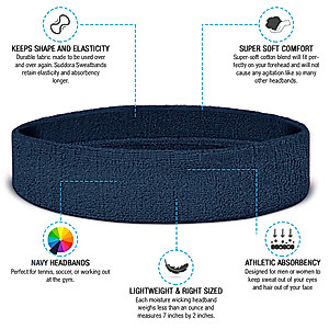 Suddora Workout Headband for Men and Women, Moisture-Wicking Athletic Sweatband, Lightweight Cotton Terry Cloth Bands for Basketball, Tennis, Football, Gym, Running, Cosplay & Costumes (Navy)