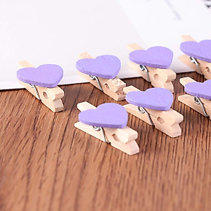 NUOBESTY Woodsy Decor 50pcs Mini Wooden Clips Clothespins Crafts Clips with Hearts for Wedding Party Valentines Day Decoration Purple Trendy Decor