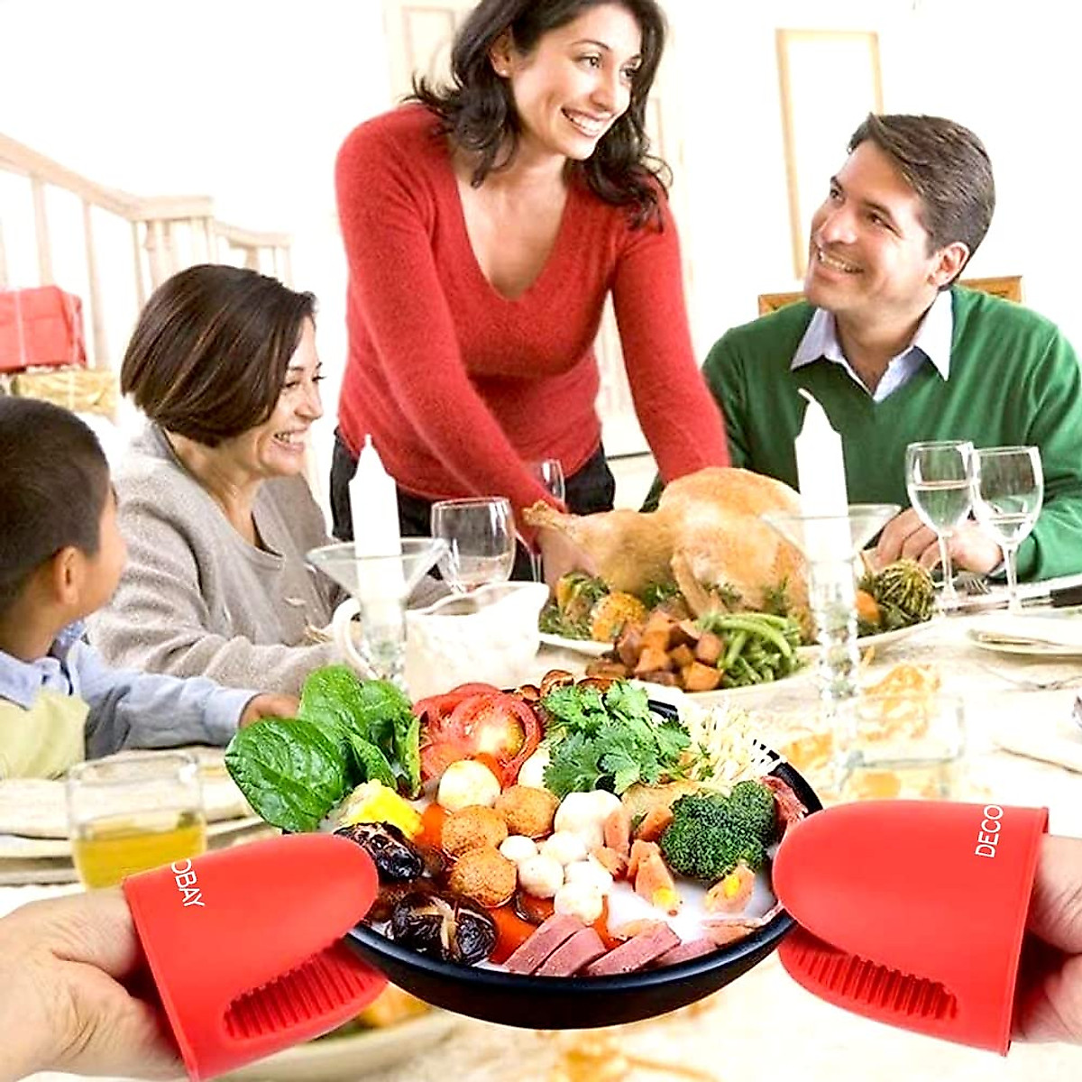 Decobay Mini Oven Gloves Silicone Heat Resistant Cooking Pinch Mitts Potholder for Kitchen Cooking, Baking and Kitchen Mittens Pinch Mitts (Red)