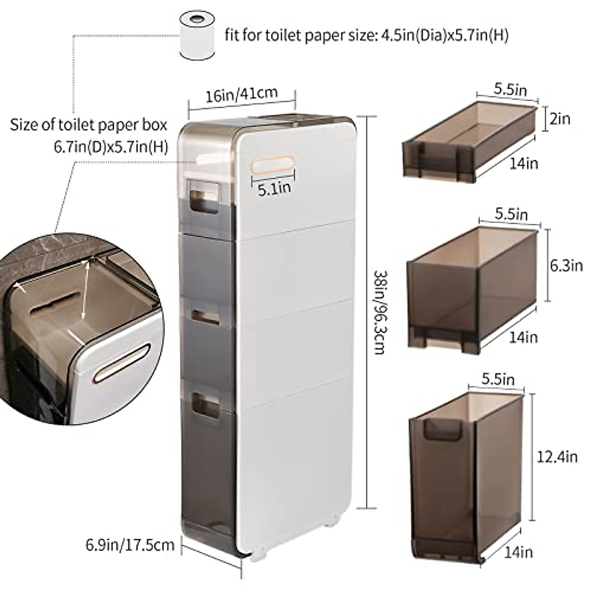 OEODJUJS 6.9" W Skinny Bathroom Storage Cabinet, 4 Tier Toilet Paper Holder Cabinet with Drawers, Narrow Pantry Cabinet for Bedroom/Kitchen Small Space, White