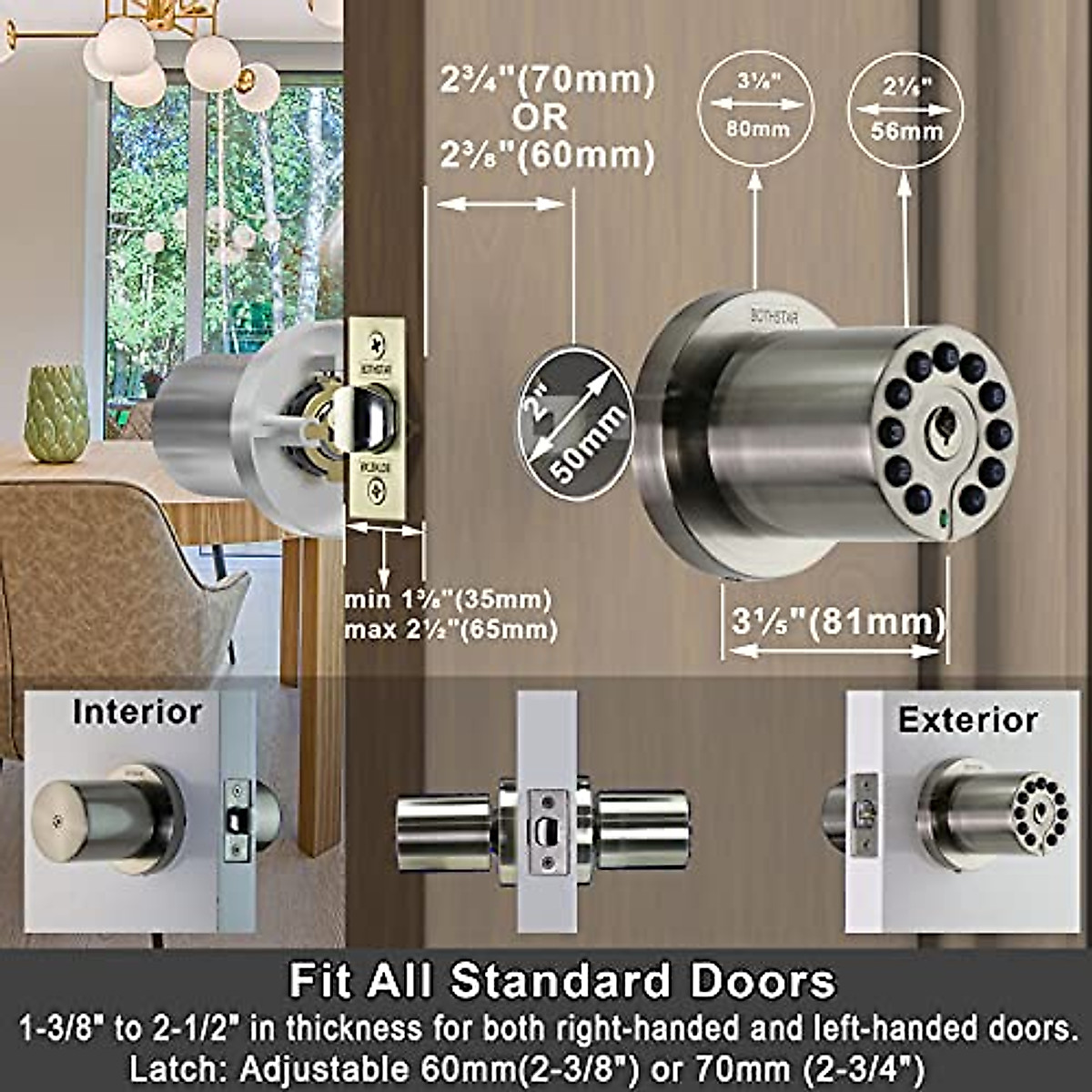 BOTHSTAR Keypad Door Knob with Key,Keyless Entry Door Lock, Code Locks Door Knob, Auto Lock,50 User Code,Easy to Install,for Home,Office,Hotel,Bedroom,Garage,No Deadbolt