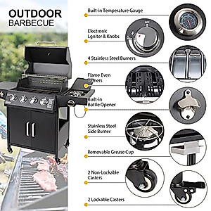 Propane Gas Grill 4 Burners with Side Burner Freestanding Grill Cart with Wheels for Outdoor Garden Cooking Barbecue Grill, Black