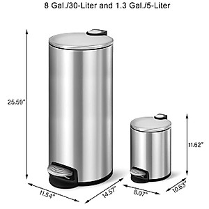 Innovaze 8 Gal./30 Liter and 1.3 Gal./5 Liter Stainless Steel Step-on Trash Can Set for Kitchen and Bathroom