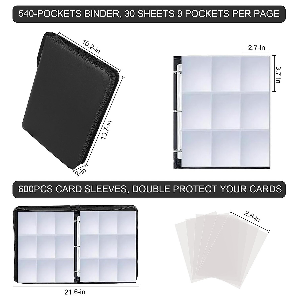 JHkim Trading Card Binder 9 Pockets - with Extra 600PCS Card Sleeves, Baseball Card Holder Binder Holds Up to 540 Cards, Fits for Sports, Football, Hockey, Basketball Cards