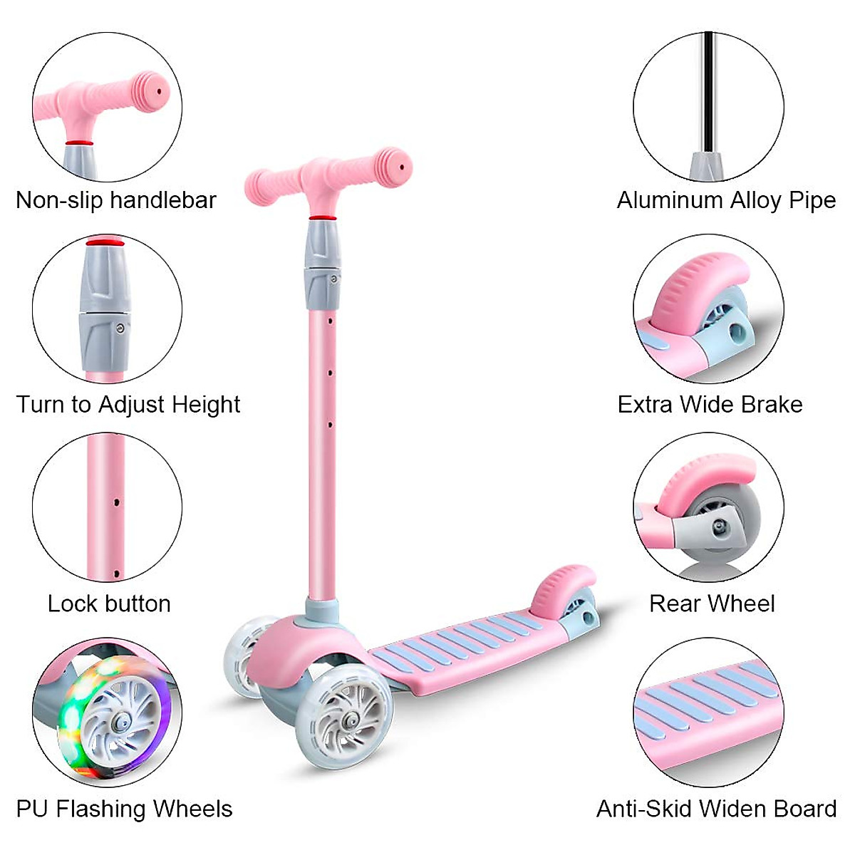 67i Scooters for Kids 2+ Year Old, Kids Scooter 3 Wheel, Toddler Scooter with Lean-to-Steer System and 4 Height-Adjustable Handlebar (Pink)