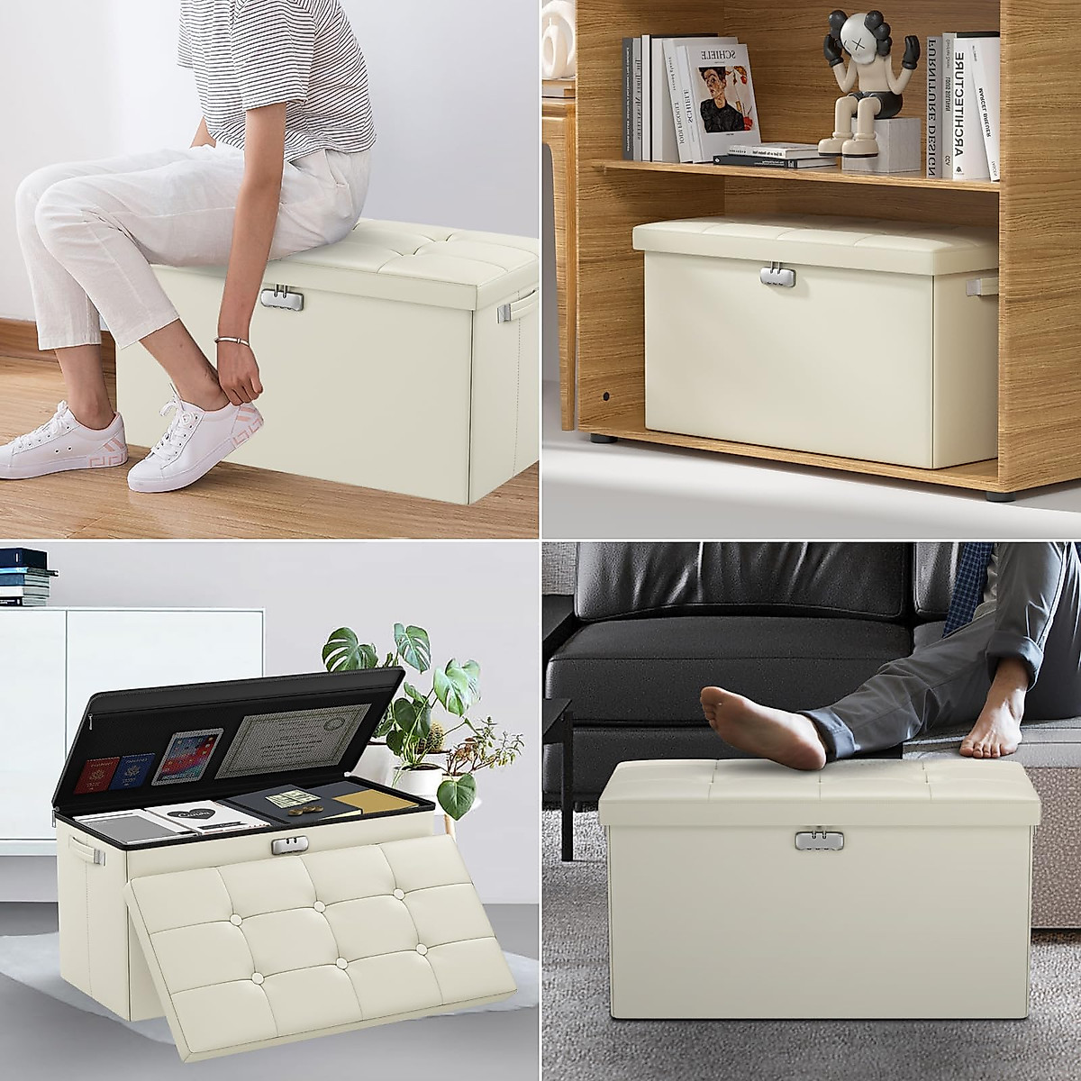 ENGPOW Storage Ottoman Bench,Fireproof Folding Storage Bench with Lock,30 Inches Fire＆Water Resistant Storage Chest Foot Rest Stool Leather Bedroom Bench with Storage Safe for Document,Valuables,Beige