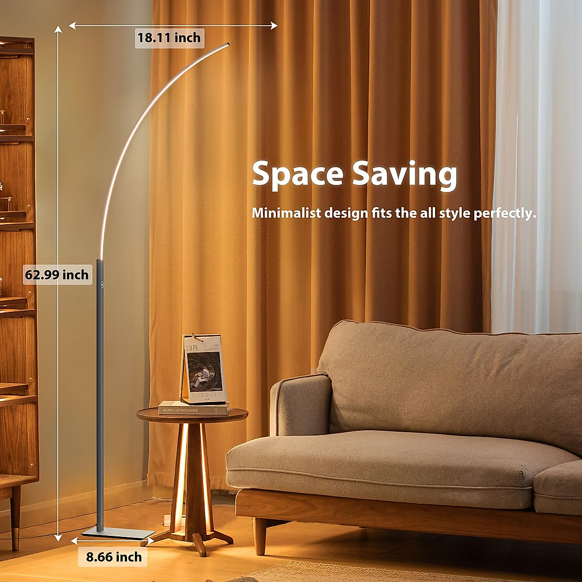 Modern 63" Arc Floor Lamp - Brushed Sliver Standing Lamp for Living Room and Bedroom, Touch Control 3000K Warm Light and 3-Way Dimmable Brightness Grey Lamp, Unique LED Corner Floor Lamp for Couch