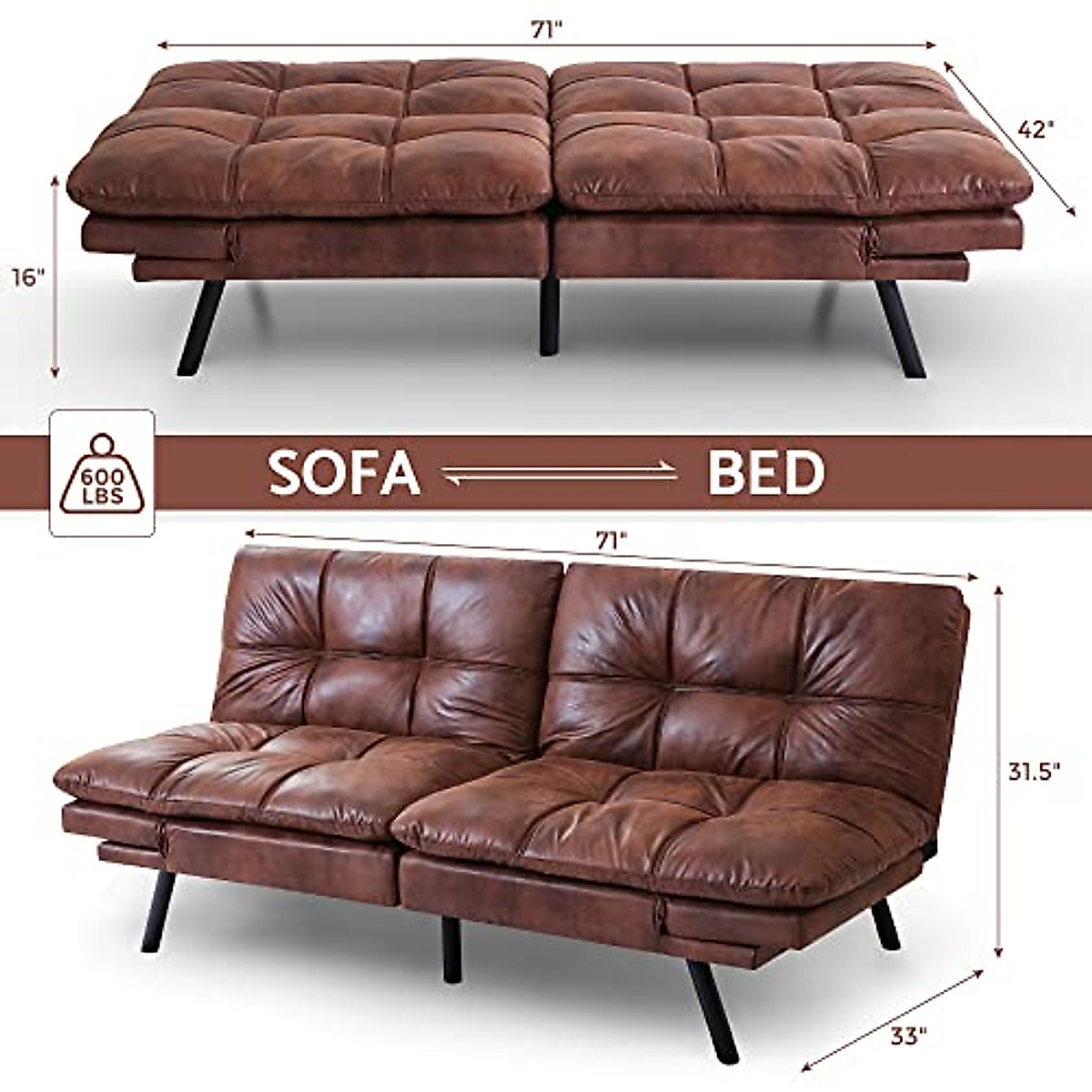 LIFERECORD Futon Sofa Bed Modern Faux Leather Convertible Sofa Memory Foam Daybed with Adjustable Armrests for Living Room Apartment Dorm, Brown
