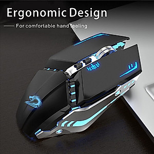 TENMOS T12 Wireless Gaming Mouse Rechargeable, 2.4G Silent Optical Wireless Computer Mice with Changeable LED Light for Laptop PC, 7 Buttons (Black)