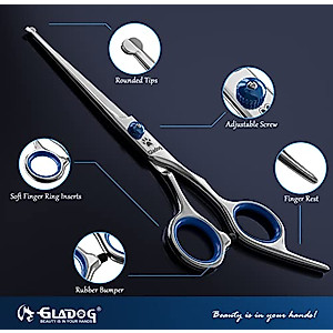 Dog Grooming Scissors Kit with Safety Round Tips, GLADOG Professional 6 in 1 Grooming Scissors for Dogs, Sharp and Durable Dog Grooming Shears for Dogs Cats Pets