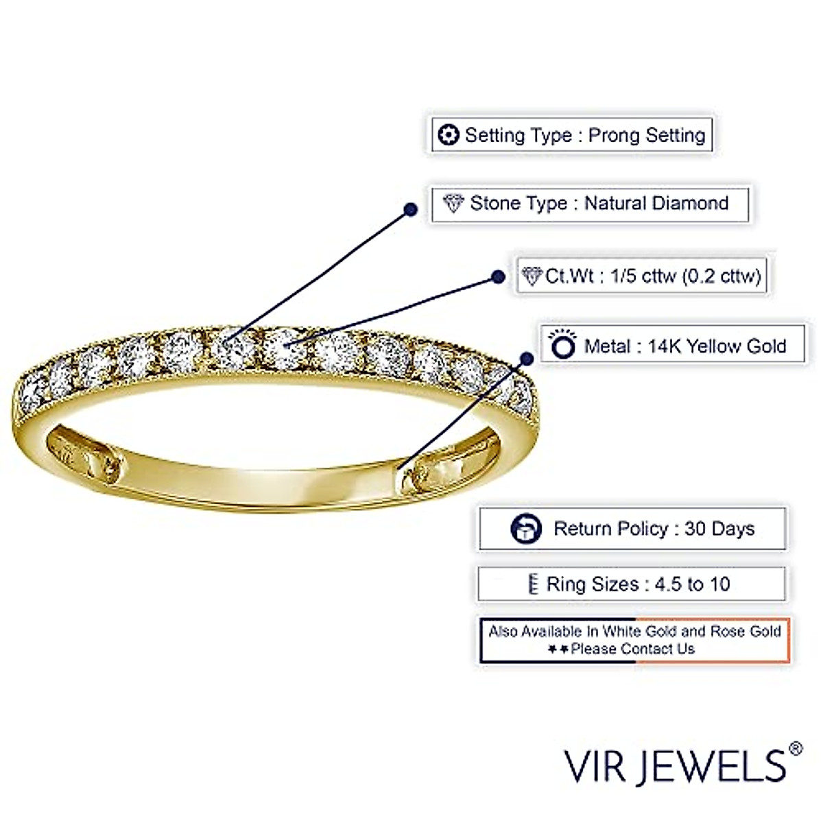 VIR JEWELS 1/5 carat (ctw) Diamond Wedding Anniversary Band for Women, Half Eternity Round Diamond Engagement Ring 14K Yellow Gold Prong Set with Milgrain 0.20 cttw, Size 10