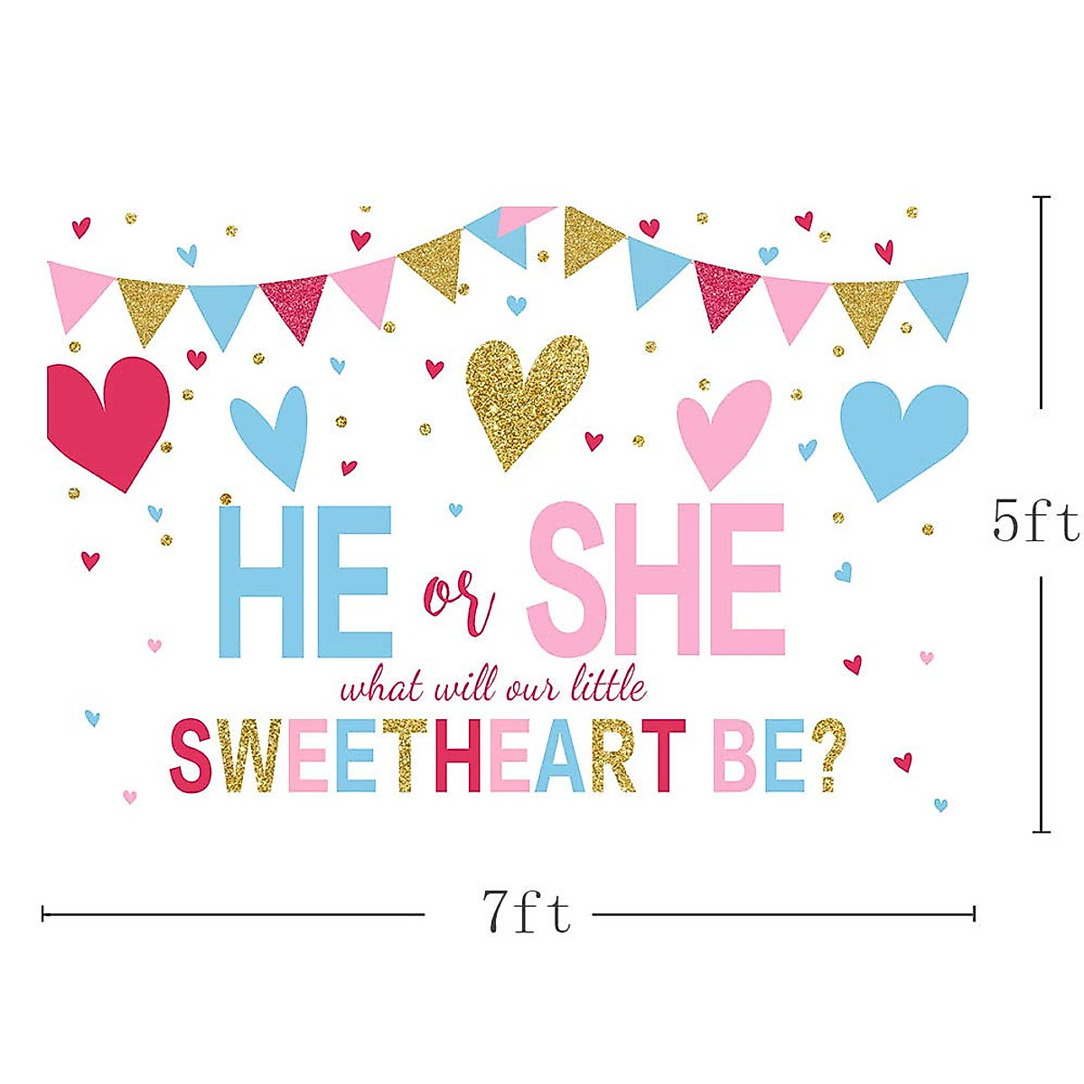 MEHOFOND Sweetheart Gender Reveal Baby Shower Photo Background He or She Valentine's Day Blue or Pink Gold Love Hearts Party Decoration Backdrops Banner for Photography 7x5ft
