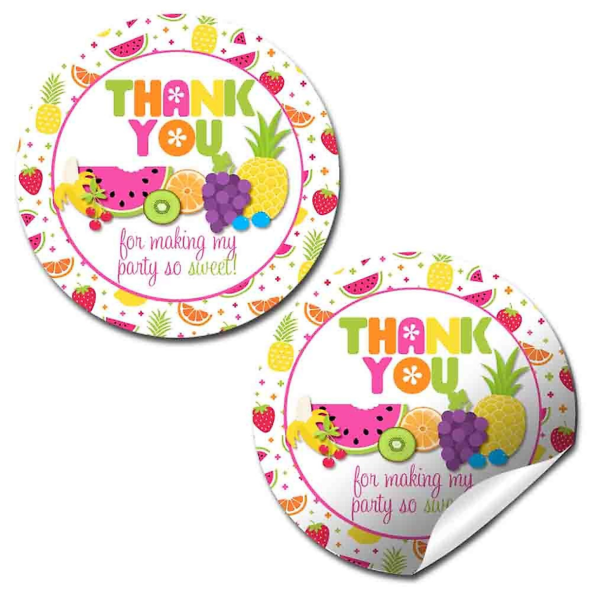 Tutti Fruitti Birthday Party Thank You Sticker Labels, 40 2" Party Circle Stickers by AmandaCreation, Great for Party Favors, Envelope Seals & Goodie Bags