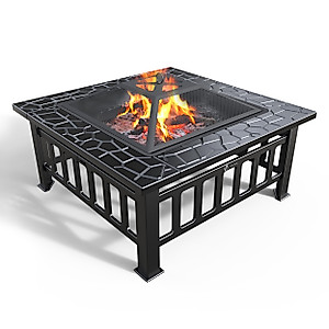 VOUNOT 3 in 1 Metal Square Firepit 32 inch Heavy Duty Fire Pit Table Outside Wood Burning Fire Pits with Spark Screen Lit and Rain Cover for Camping Garden Patio, Black