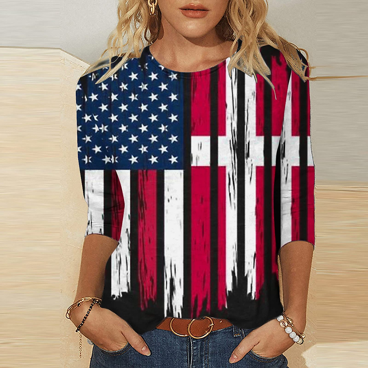 Coupons and Promo Codes for Discount 2023 Patriotic 4th of July Shirts for Women Fashion American Flag Print Round Neck 3/4 Sleeve Casual Loose Blouse Tee
