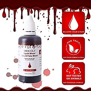 MEICOLY 2.1Oz Halloween Dripping Fake Blood, Safe Realistic Washable Edible Liquid Blood with 0.7 Oz Cleaning Soap,Squirt Blood for Clothes,Zombie Vampire Monster,SFX Cut Wound Makeup,Dark