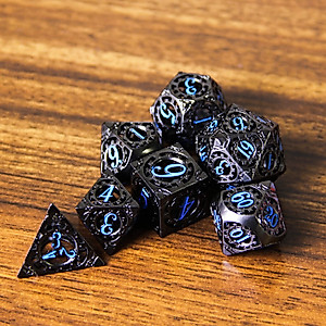 BEWTEIM New Version Steampunk Gear DND Dice Set 7pcs Polyhedral Dice d&d Dungeons and Dragons Dice Gifts RPG,MTG,Pathfinder Role Playing Games (Black Blue, Hollow)