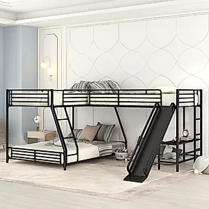 POCIYIHOME L-Shaped Twin Over Full Bunk Bed with Twin Size Loft Bed, Metal Bunk Bed with Built-in Desk and Slide & Ladder, Space-Saving Design for Kids,Teens, No Box Spring Needed, Black