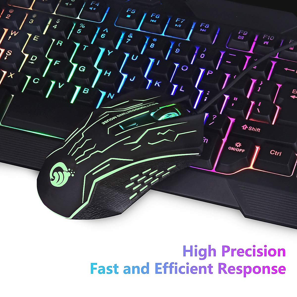 BAKTH Multiple Color LED Rainbow Backlit Wired Gaming Keyboard and Mouse Combo, USB Ergonomic Computer Keyboard with 7 Colors 3600DPI 6 Button Mouse for PC Windows Mac Game and Work