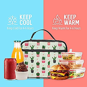 Insulated Lunch Bag for Kids, Leakproof Reusable Boys Girls Lunch Box Container with Detachable Buckled Handle, Durable Nylon Cooler Lunch Tote with Side Pocket for Work School Adult (Green Cactus)