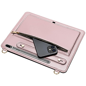 Back Cover Case for Samsung Galaxy Tab S9 FE/S9/S8/S7 [Pen Holder], Techcircle Slim Fit Vegan Leather Protective Soft TPU Shell Wallet Case with Hand Strap & Removable Shoulder Strap, Light Pink