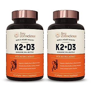 Live Conscious Vitamin K2 MK7 with D3 Supplement by LiveWell | Bone & Heart Health Support - Patented Vitamin K & Vitamin D3 5000 IU - 120 Softgels (2-Pack)