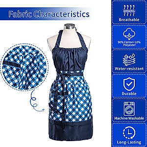 Alex Virtue Lovely Flower Pattern Retro Aprons With Large Pockets for Women Girls Cooking Kitchen Bakery Mother's Gift (Blue Plaid)