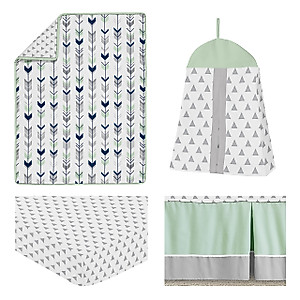 Sweet Jojo Designs Grey, Navy Blue and Mint Woodland Arrow 4 Piece Baby Boy or Girl Crib Bed Bedding Set