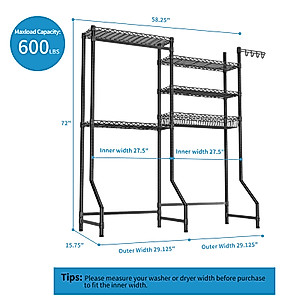 Golpart Over Washer and Dryer Shelves,Heavy Duty Laundry Room Storage Organization Clothes Drying Rack,5 Tier Adjustable Height Wire Shelving and Wire Basket with Hanger Rod&Hook,Space Saving Shelf