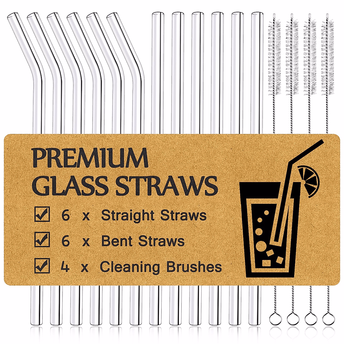 Mohary® 16-Pack Reusable Glass Straws, Clear Glass Drinking Straws, 8.5''x10MM, Set of 6 Straight and 6 Bent with 4 Cleaning Brushes, Perfect for Smoothies, Juice, Milkshakes, Tea