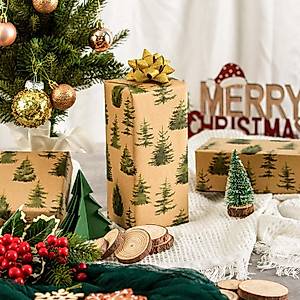 Retrify Kraft Wrapping Paper Roll with Cut Lines on Reverse, Watercolor Green Christmas Trees Gift Wrap Paper for Holiday, Party Celebration, Arts, Craft - 17 Inch x 32.8 Feet