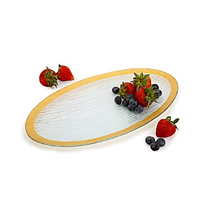 GAC Tempered Glass Oval Platter Serving Tray - Break and Chip Resistant - Oven Proof - Microwave and Dishwasher Safe - Silver Trim Decorative Plate