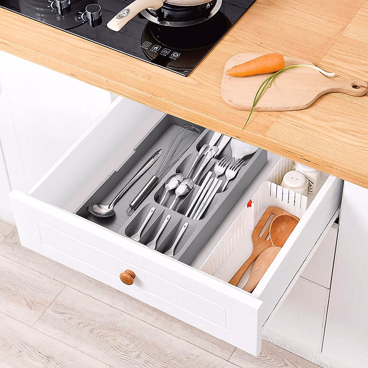 nebxazw Kitchen Drawer Organizer Tray,Drawer Organiser,Cutlery Tray,Expandable Utensil Tray for Kitchen,Compact Plastic Storage Organisation for Spoons