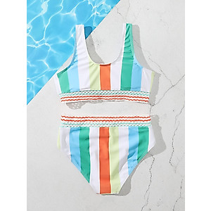 Milumia Girl 2 Piece Striped Bikini Swimsuit Contrast Mesh Scoop Neck Bathing Suit Green and White 11-12 Years
