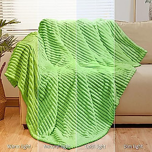 Bnuitland Light Green Flannel Throw with Storage Pouch,300GSM Super Soft Fleece Stripe Pattern Sofa Blanket for Babys and Kids, Lightweight Cozy Bed Throw for Home Decor All Season