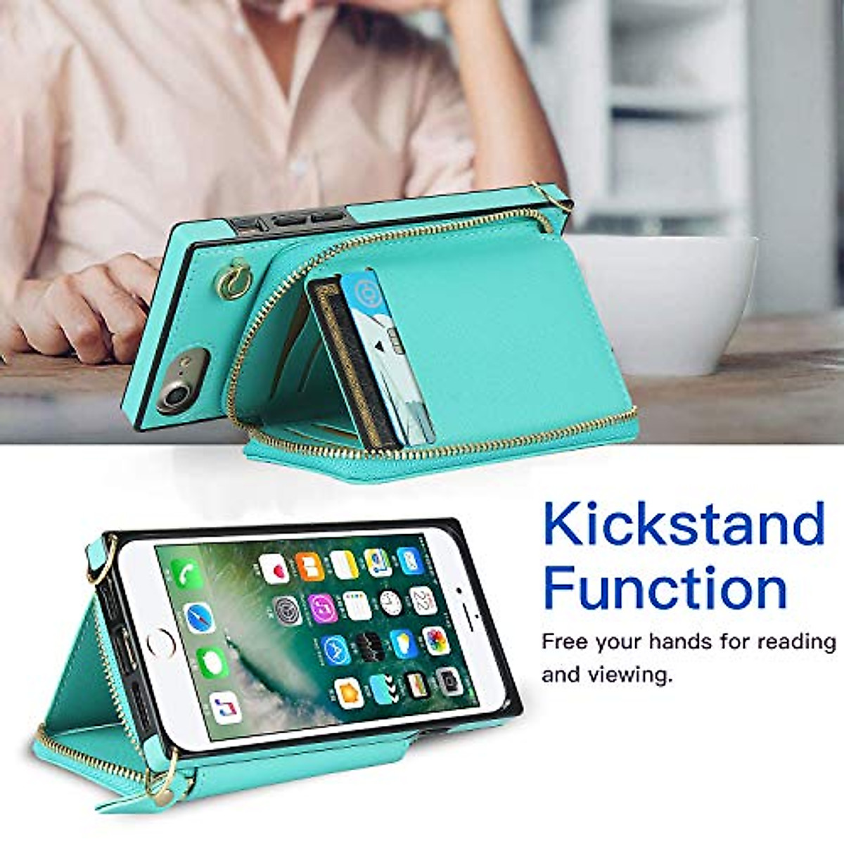 DEFBSC Zipper Wallet iPhone 8 Case, iPhone 7 Case, iPhone SE 2020/ SE 2022 Case, PU Square Wallet Case with Crossbody Chain Credit Card Holder Slot Shoulder Handbag Purse Wrist Strap Case(Green)