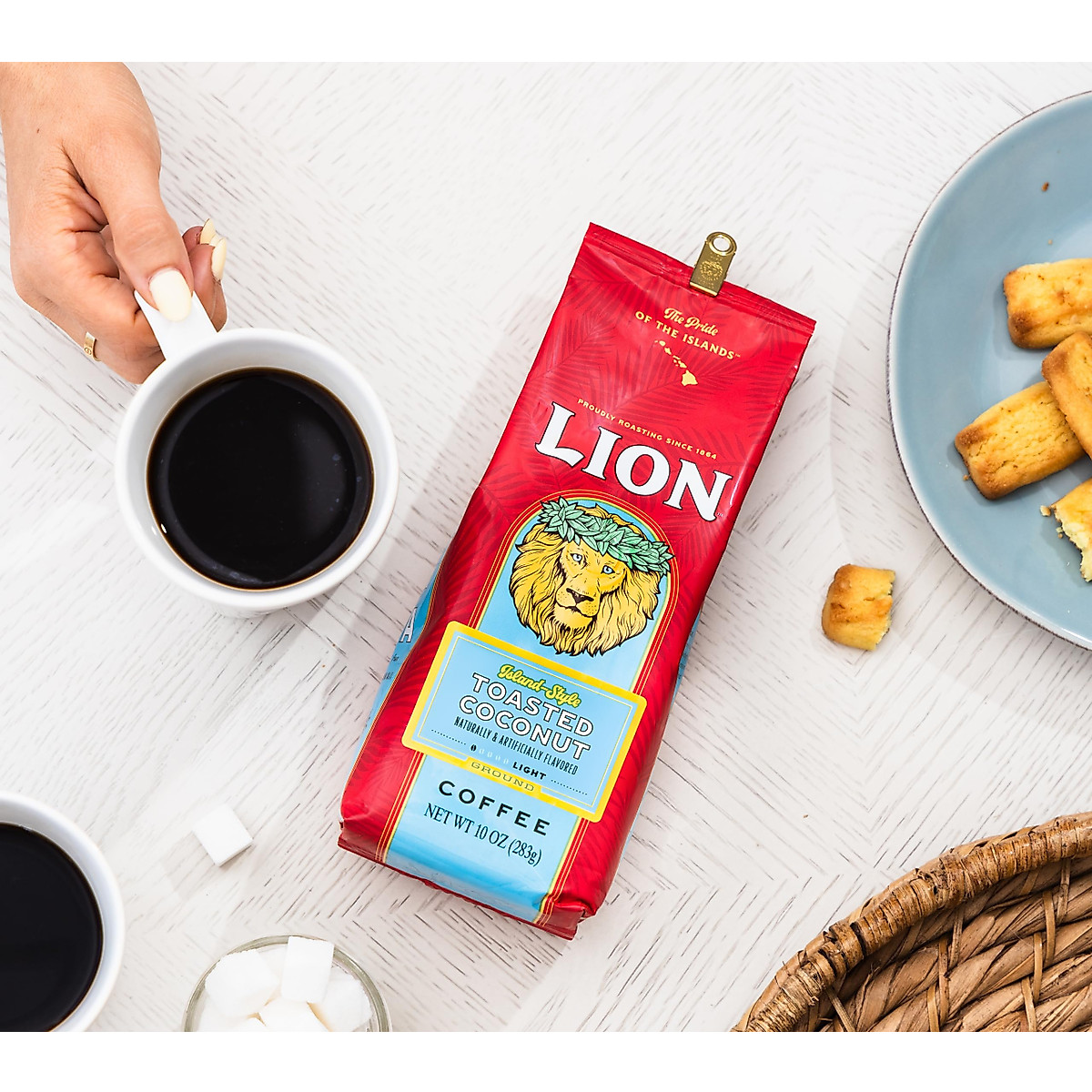 Lion Coffee, Toasted Coconut Flavor, Light Roast, Pre-Ground, 10 Ounce Bag