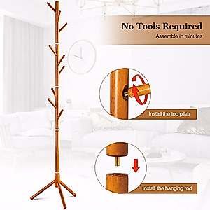 NicQliear Wooden Freestanding Coat Rack with 9 Hooks, Adjustable Coat Rack Stand to Hang Clothes/Bags/Hats, Standing Coat Tree Perfect for Bedroom/Entryway/Hallway