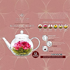Teabloom Heart-Shaped Flowering Teas – 12 Assorted Blooming Tea Flowers – Green Tea + Jasmine, Pomegranate, Strawberry, Rose, Litchi & Peach