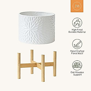 LA Jolie Muse White Planter with Stand,Mid Century Planters for Indoor Plants,Ceramic Plant Pot with Stand - 8 Inch Unique Modern Flower Pots Indoor with Drainage Holes