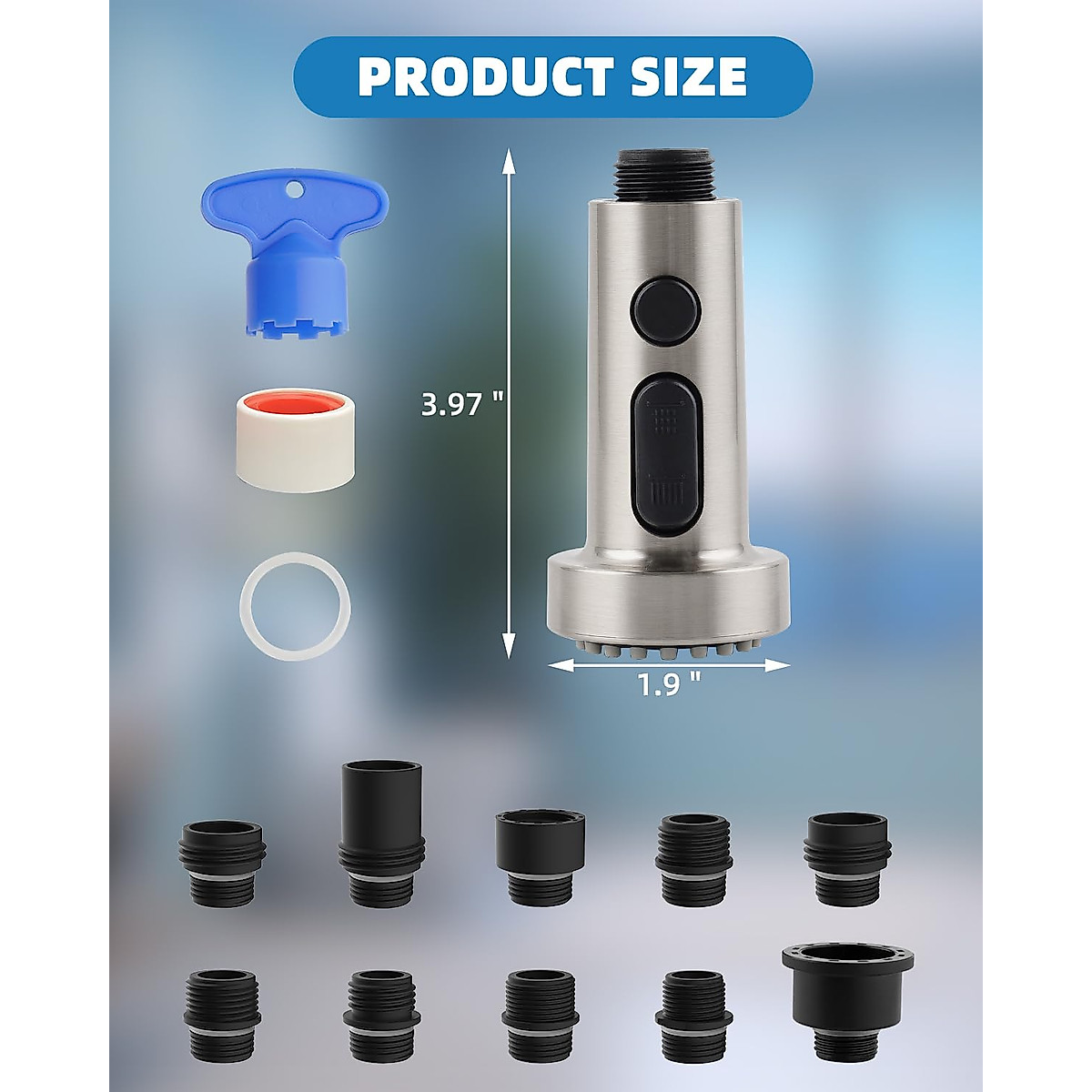 Hibbent Pull Down Kitchen Faucet Head Replacement, 3 Function Sink Faucet Sprayer Head Nozzle with 10 Adapters, Compatible with Moen, American Standard, Delta, Kohler Faucets, Brushed Nickel