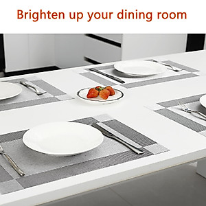 Uolr Table Mats Set of 6 Grey Washable& Wipeable Plastic Placemats for Kitchen Indoor Outdoor Heat Resistant Non Slip Woven Vinyl Table Placemats Protect Dining Table Silver Place mats (Grey)