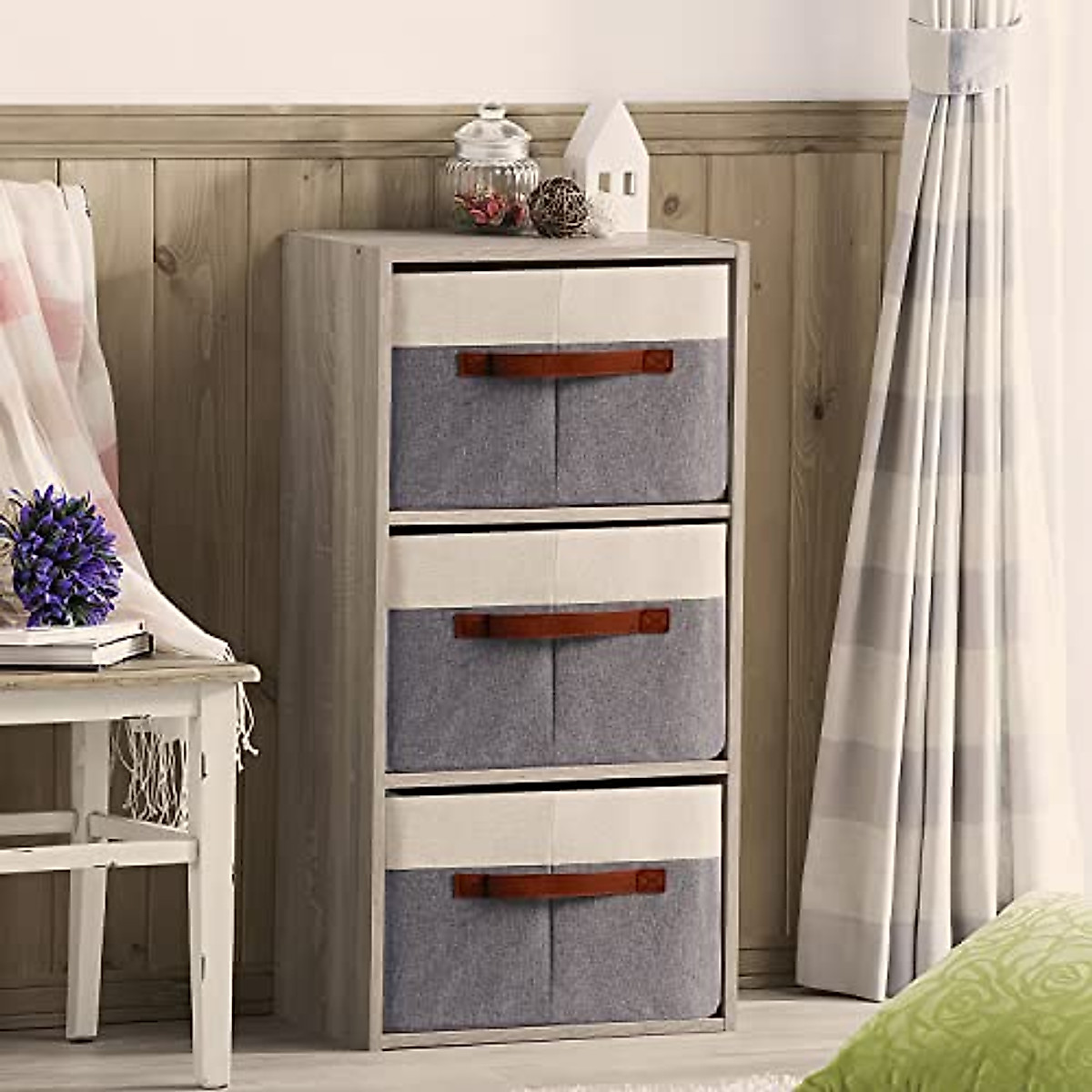 Storage Bins, Besmall Fabric StorageBasket for Organizing, 3 Pack Collapsible Storage Boxes, Foldable Storage Baskets with Handles Cubes for Home Bedroom Office (Grey and Beige)