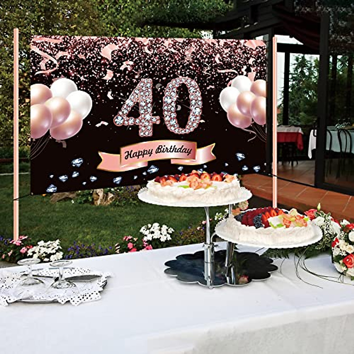 Trgowaul 40th Birthday Decorations for Women - Rose Gold Birthday Backdrop Banner, 40 Year Old Birthday Party Poster Decor, Happy 40th Birthday Party Decoration Photography Background 43.3"L x 70.8"W